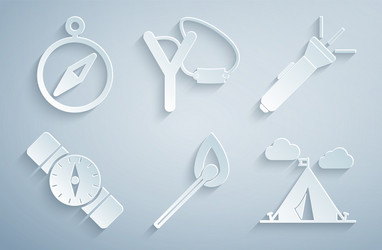 Set burning match with fire compass tourist tent Vector Image