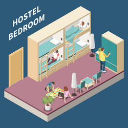 Hostel interior isometric background Royalty Free Vector