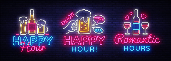 Happy hour neon sign collection Royalty Free Vector Image