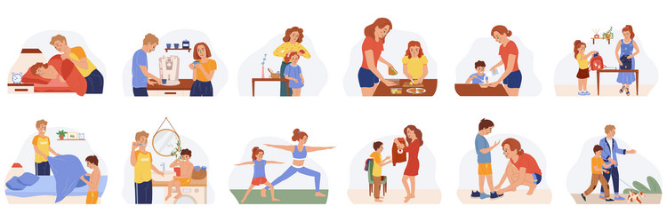 Family morning routine flat Royalty Free Vector Image