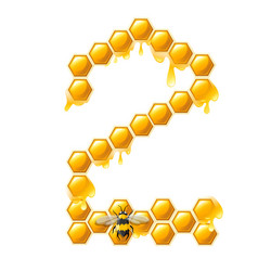 Honeycomb number 3 with honey drops and bee Vector Image