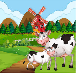 Cartoon cow sitting in the farm Royalty Free Vector Image