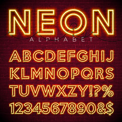 Neon alphabet retro letters on brick wall Vector Image