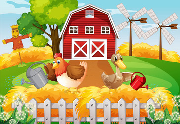 Background scene with red barn on farm Royalty Free Vector