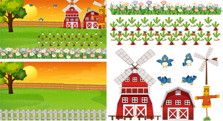 Farm element set isolated with scene Royalty Free Vector