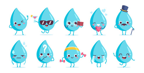 Cartoon set of water drop mascots with emotions Vector Image