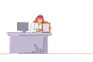 Single one line drawing smiling banking clerk Vector Image