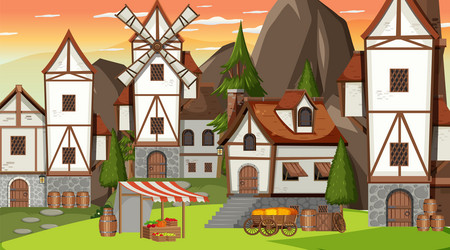 Medieval town scene with villagers Royalty Free Vector Image