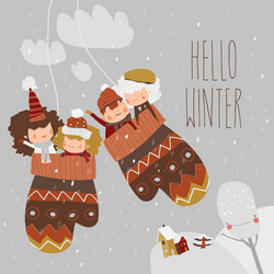 Cartoon different children enjoying winter hello Vector Image