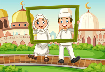 Cartoon two muslim peoples in front a mosque Vector Image