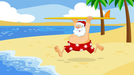 Happy santa claus cartoon character surfing Vector Image