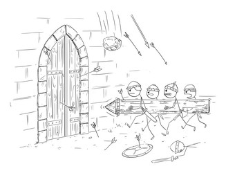 Battering ram attacking castle gate cartoon stick Vector Image