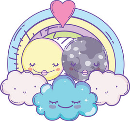 Cute stamps cartoon clouds moon sun rainbow Vector Image