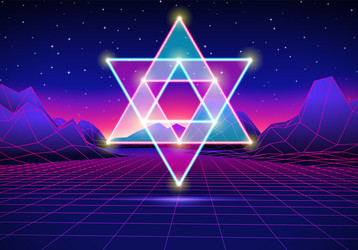 Retro futuristic landscape with neon hex star Vector Image