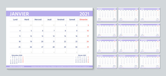 2021 french calendar template year planner Vector Image