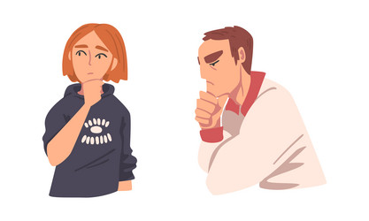 Thoughtful man and woman character scratching head