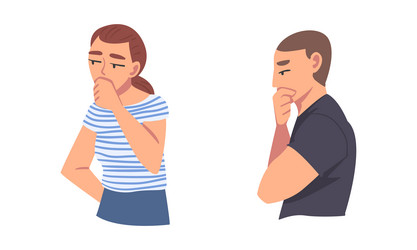 Thoughtful man and woman character scratching head