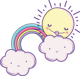 Cute rainbows clouds sun weather sky cartoon Vector Image