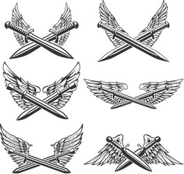 Big set of winged swords for emblem sign logo Vector Image