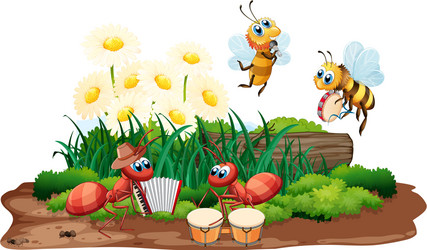 Bee musical band playing in front fairy Royalty Free Vector