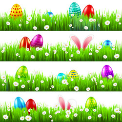 Easter eggs on grass with bunny rabbit ears set Vector Image