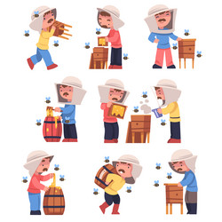 Female beekeeper cartoon character in suit holding