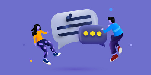 Small people flying around chat bubble talking Vector Image