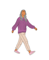 Senior woman standing outline art isolated Vector Image