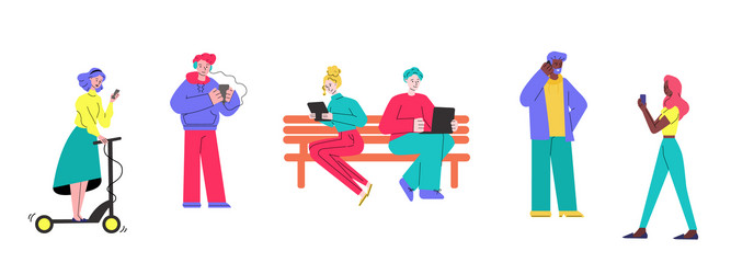 Cartoon people using technology gadgets in park Vector Image