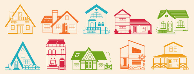 House front flat line doodle set small contour Vector Image