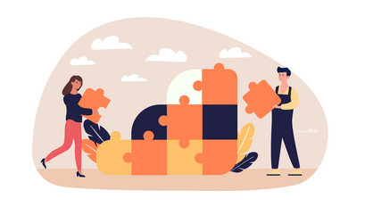 Business team putting together puzzle cartoon Vector Image