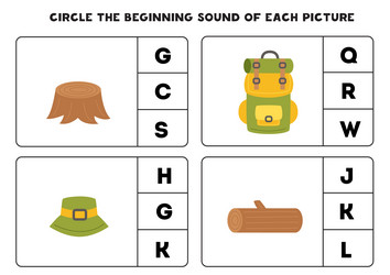 Worksheet for kids find the beginning sound Vector Image