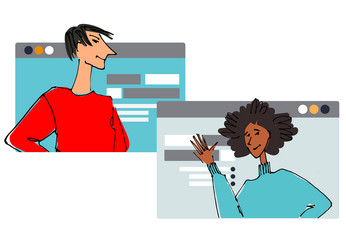 Two young people in front of a computer screen Vector Image