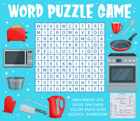 Kitchenware and utensil word search puzzle game Vector Image