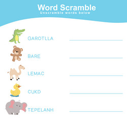 Animal spelling word scramble preschool worksheet Vector Image