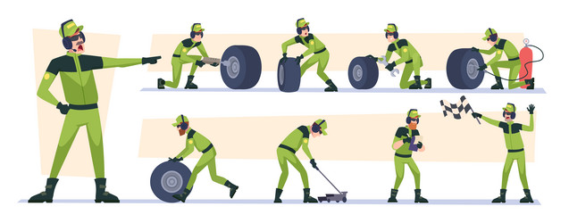 Racing crew cartoon pit stop team in uniform Vector Image
