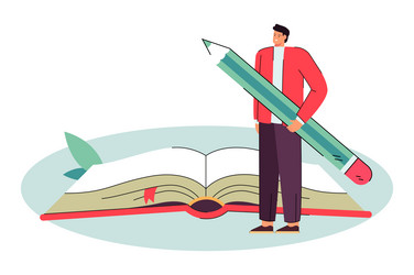 Cartoon man looking at book in huge hand through Vector Image