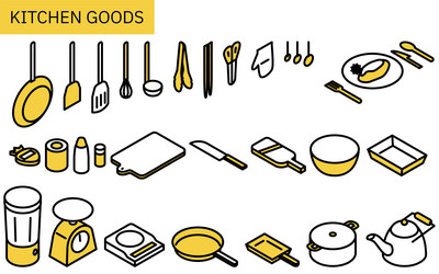 Line drawing of kitchen utensils simple isometric Vector Image