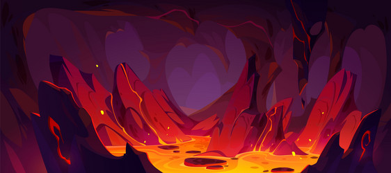 Cartoon cave with hot lava river Royalty Free Vector Image