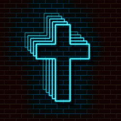 Neon blue christian cross on a brick wall Vector Image