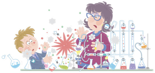 Schoolboy making an explosion at chemistry lesson Vector Image