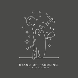 Man posing with surfboard and paddle stand up Vector Image