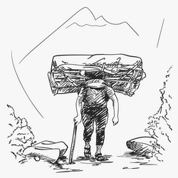 Sketch porter carrying heavy load in basket up Vector Image
