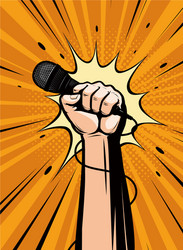 Man screaming loudly into microphone retro comic Vector Image