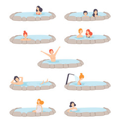 People characters enjoying outdoor thermal spring Vector Image