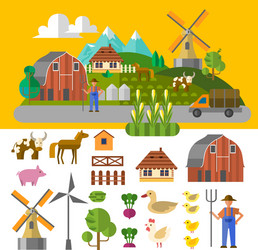 Farm scene with vegetable garden and barn Vector Image