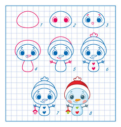 How to draw snowman step by step lesson for kids Vector Image