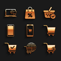Gold shopping cart with globe icon isolated Vector Image