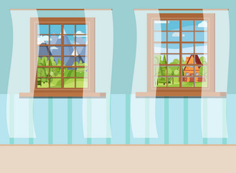 Cartoon wooden window view in flat style sunny day