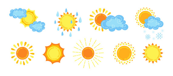 Sun emotion cartoon character set faces yellow Vector Image